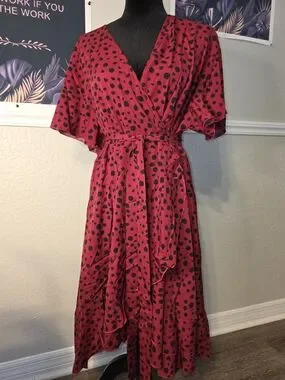 SHEIN | Dresses | Shein Red Midi Wrap Dress With Black Spot Print ...